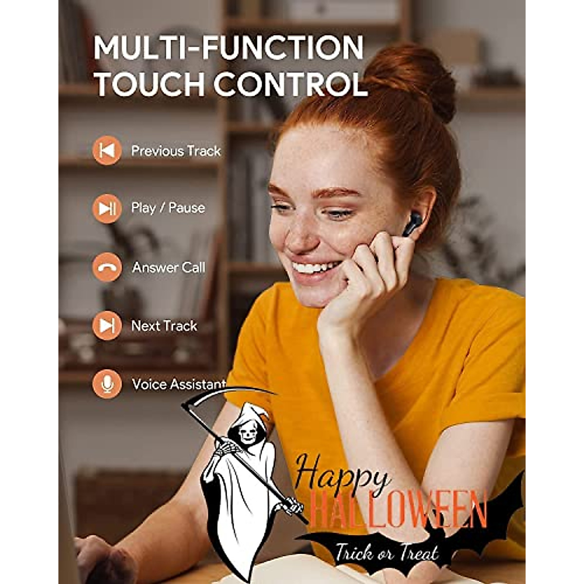 QHQO Wireless Earbuds, Bluetooth V5.2 Earbuds with Reduction Touch Control, Noise Cancelling Bluetooth Headphones with Deep Bass Sound in Ear Earphones for iPhone and Android