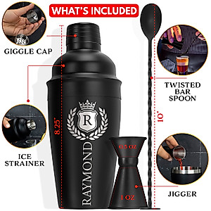 Gifts for Men, Personalized Cocktail Shaker Set - 9 Design Option w/Custom Name, 24 Oz Black Stainless Metal Martini Shaker, Ice Strainer, Jigger, Mixing Spoon - Margarita Shaker, Bartender Kit #5