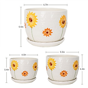 Ton Sin Plant Pots,Set of 3 Ceramic Flower Pots for Indoor Plants,4+5+6 inch Planter with Drainage Hole Saucer,Garden Pots Catus Planters (Sunflower Set of 3)