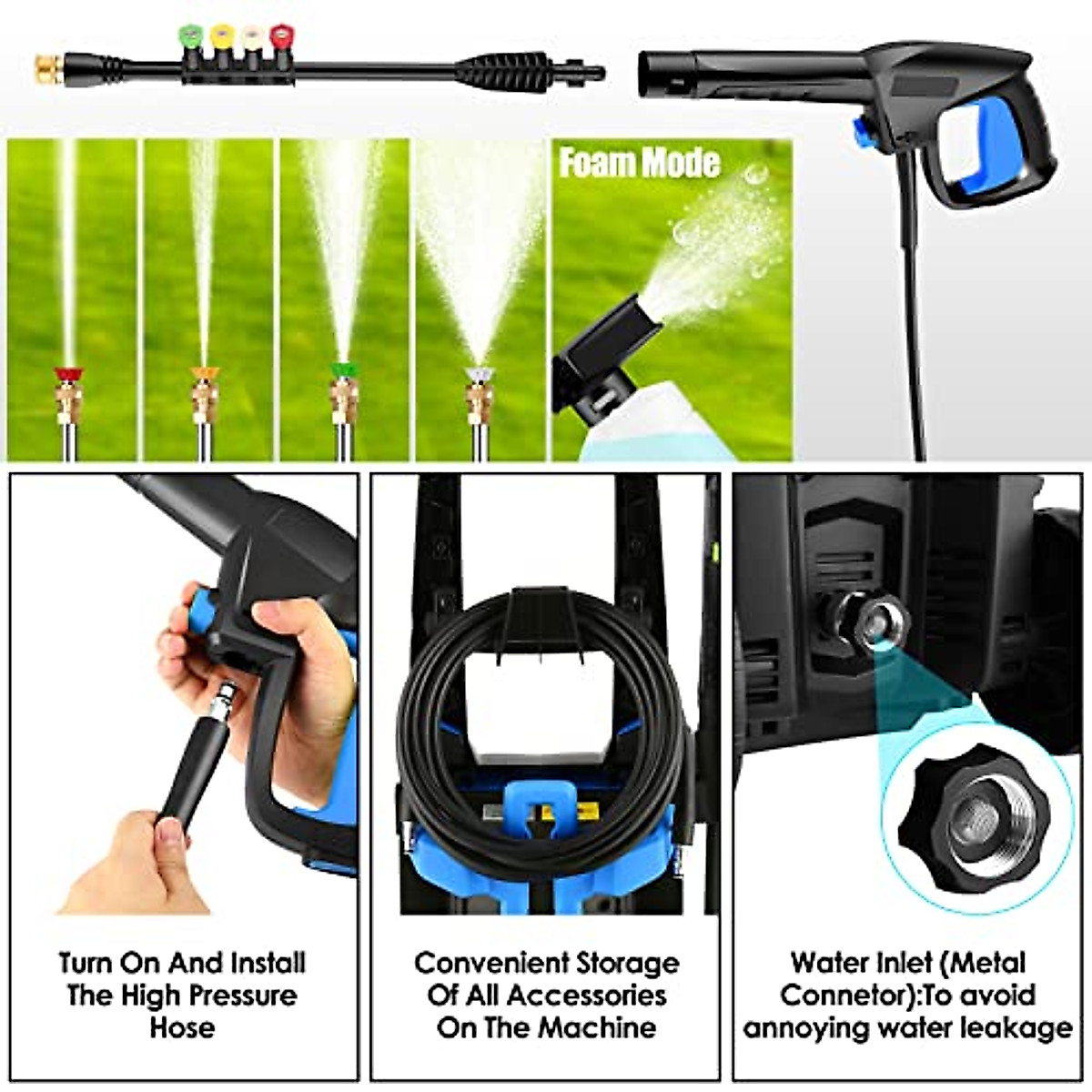 Power Washer, TEANDE MAX PSI Pressure Washer 1.9GPM 1800W Electric High Pressure Washer Professional Car Washer Cleaner Machine with Hose Reel ,5 Nozzles for Patio Garden Yard Vehicle