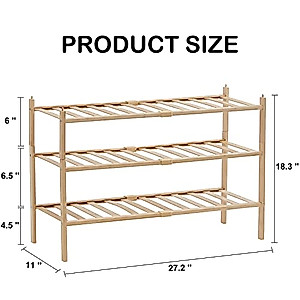 Quiqear Bamboo Shoe Rack, 3 Tier Shoe Rack Organizer, Stackable & Durable Shoe Shelf Holder, Free Standing Shoe Racks, Shoe Storage Organizer for Entryway, Closet, Hallway, 27.2*11*18.3inch (Natural)