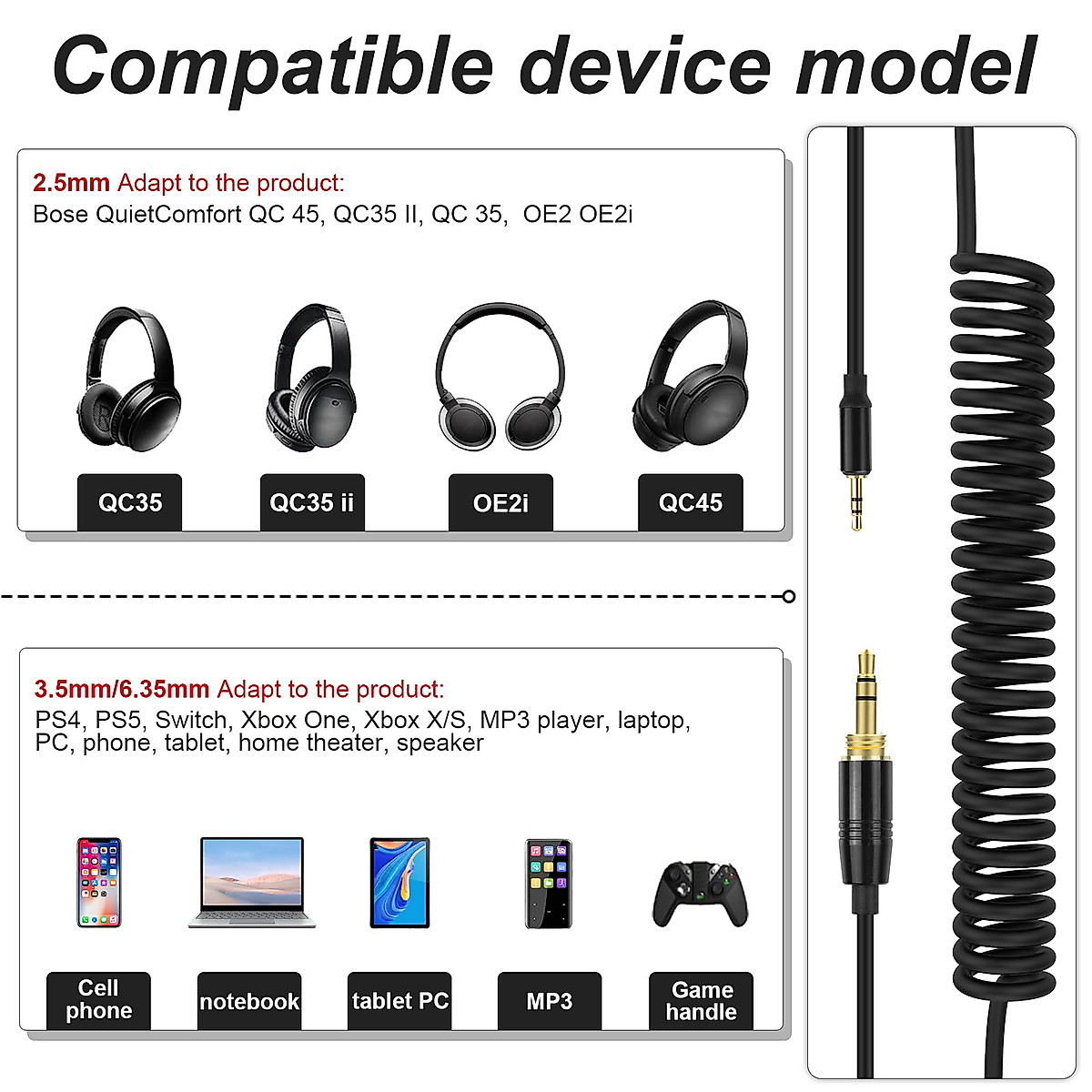 Toxaoii QC45 Coiled Audio Cable Cord Compatible with Bose QuietComfort QC 45, QC35 II, QC 35, OE2 OE2i Soundlink SoundTrue Headphone with 6.35mm Adapter for Guitar/Xbox One/ PS4 (4 to 16FT)