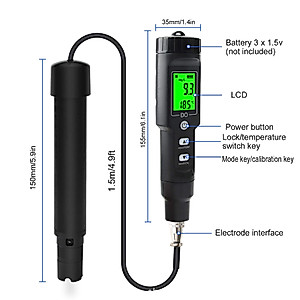 Hyuduo Digital Dissolved Oxygen Meter PH Water Quality Temperature and Humidity Meter Analyzer for 0.0‑40.0mg L Oxygen Concentration Portable DO Pen