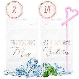 Effortless Events Bachelorette Drink Pouches,16 Count, 15 Oz Drink Pouches with Straws, Rose Gold, Future Mrs & Cheers, Pouches for Drinks with Straws Bachelorette Party Cups