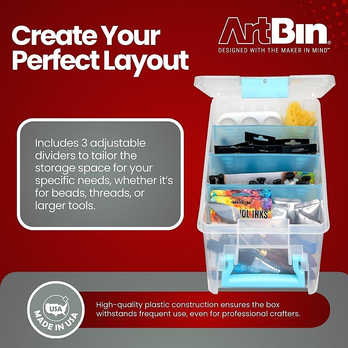 saizone 6925AA Semi Satchel with Removable Dividers, Portable Art & Craft Organizer with Handle, [1] Plastic Storage Case, Clear with Aqua Accents