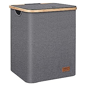 KMIGRUAN 85L Laundry Hamper with Lid, Bamboo Laundry Hamper with Handle, Grey Clothes Hamper for Bedroom, Bathroom and Closet Storage of Clothes and Towels