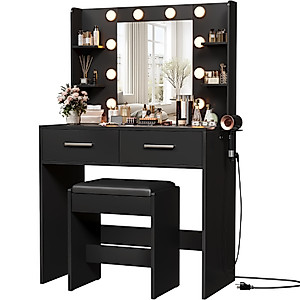Furmax Make up Vanity Desk with Mirror and Power Outlet, Vanity with 3 Color Light Options Adjustable Brightness,Vanity Desk with 2 Drawers, 6 Storage Shelves (Black, with Bench)