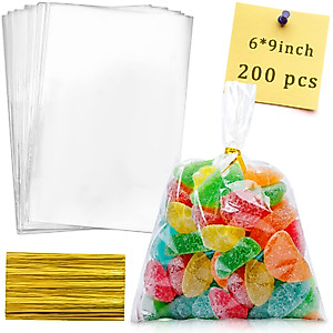 Labeol Cellophane Bags 200Pcs 6X9 Treat Bags with Ties Goodie Bags Clear Plastic Bags for Packaging Favor Gift Cookie Candy Bakery Valentines Day Easter