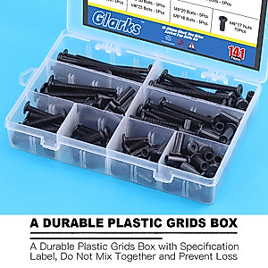 Glarks 141Pcs M6x16/ 20/25/ 30/35/ 40/45/ 50/55/ 60/65/ 70/75/ 80mm Black Hex Drive Socket Cap Bolts Kit, Countsunk Furniture Crib Bolts Nuts Screws for Chair Table Cabinets