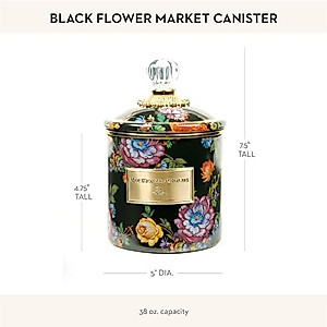 MACKENZIE-CHILDS Black Flower Market Enamel Canister, Floral Kitchen Storage Container with Lid, Small