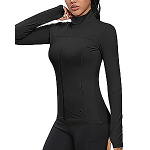 GYM RAINBOW Workout Jackets for Women, Full Zip Slim Fit Lightweight Athletic Running Sports Track Jacket with Pockets(1-Black,Medium)