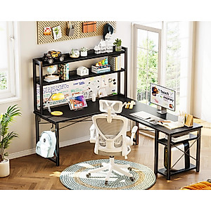 ODK L Shaped Gaming Desk with Hutch, Computer Desk with Storage Shelves, 59" L Shaped Desk for Home Office, Corner Desk with Headphone Hook, Black