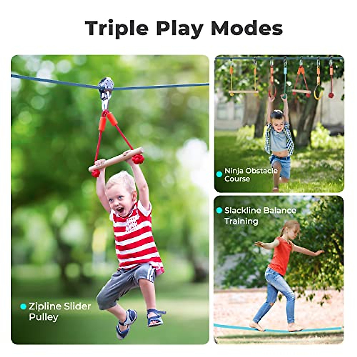 Jugader 2X50ft Ninja Warrior Obstacle Course for Kids with Pulley, Ninja Warrior Slackline Kit with Accessories, Monkey Bars, Gym Rings,Climbing Ladder