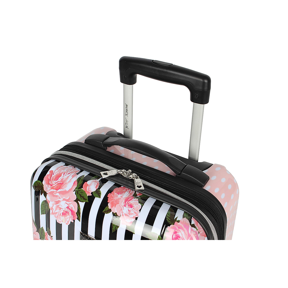 Betsey Johnson Designer Underseat Luggage Collection - 15 Inch Hardside Carry On Suitcase for Women- Lightweight Under Seat Bag with 2-Rolling Wheels (Stripe Roses)