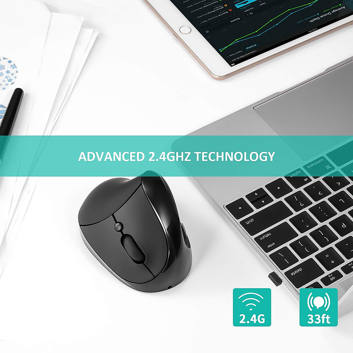 AURTEC Vertical Mouse, Rechargeable 2.4G Wireless Ergonomic Mice with USB Receiver, 6 Buttons and 3 Adjustable DPI 800/1200/1600, Black