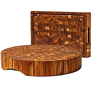 Ziruma Extra Large Round End Grain Teak Wood Cutting Board Bundle with Medium End Grain Teak Wood Cutting Board, 18 x 3 inches and 17 x 11 x 2 inches, Count of 2