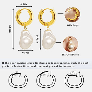 Kittyouth 18K Gold Plated Huggie Hoop Earrings with Baroque Pearl Drop Dangle Earrings for Women