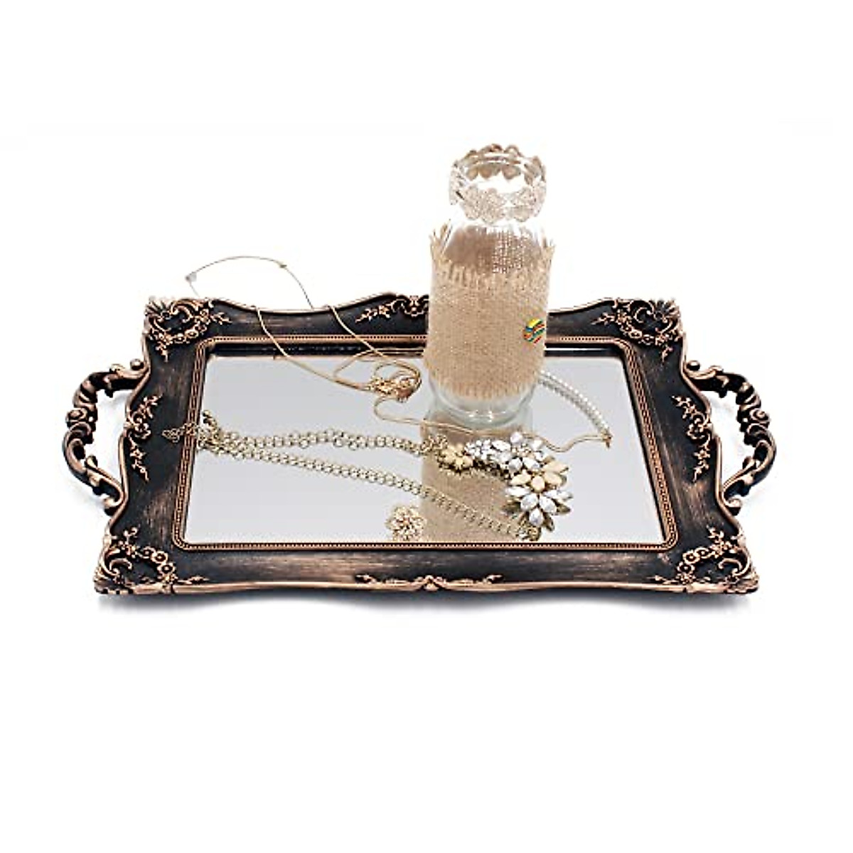 Tstarer Antique Decorative Gold Framed Square Mirror Tray, Jewelry & Cosmetics Organizer for Dresser, Square - 9.5" W x 14.5" L (Bronze)