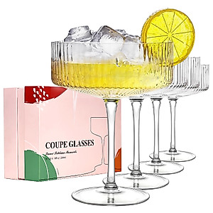 4 Pcs Coupe Glasses, Hand Blown 10 oz Cocktail Glasses, Ribbed Martini Glasses, Gift Boxed Drinking Glasses Set Pefect for Espresso Martini, Manhattan, Cocktail, Wine, Champagne