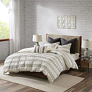 INK+IVY Luxurious Cotton-Bedding Set - Mid Century Trendy Geometric Design, All Season Cozy-Cover With Matching-Shams, King/Cal King, Rhea Jacquard Ivory/Charcoal