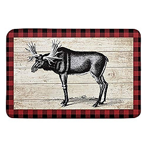 Christmas Bath Rugs Winter Christmas Reindeer Sponge Doormat Absorbent Non Slip Durable Flannel Mat Red Buffalo Plaid Retro Wood Grain Christmas Memory Foam Mats for Bathroom Kitchen 18 x 30 inches