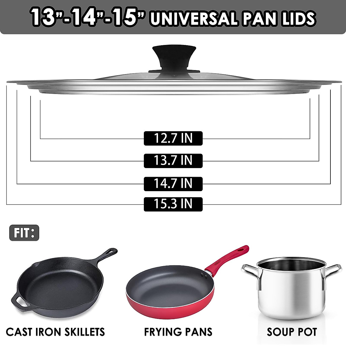 Universal Lid for Pots and Pans, Fits 13", 14" & 15" Diameter Cookware, Replacement Stainless Steel Skillets lids, Heat Resistant Frying Pan lid, Dishwasher Safe