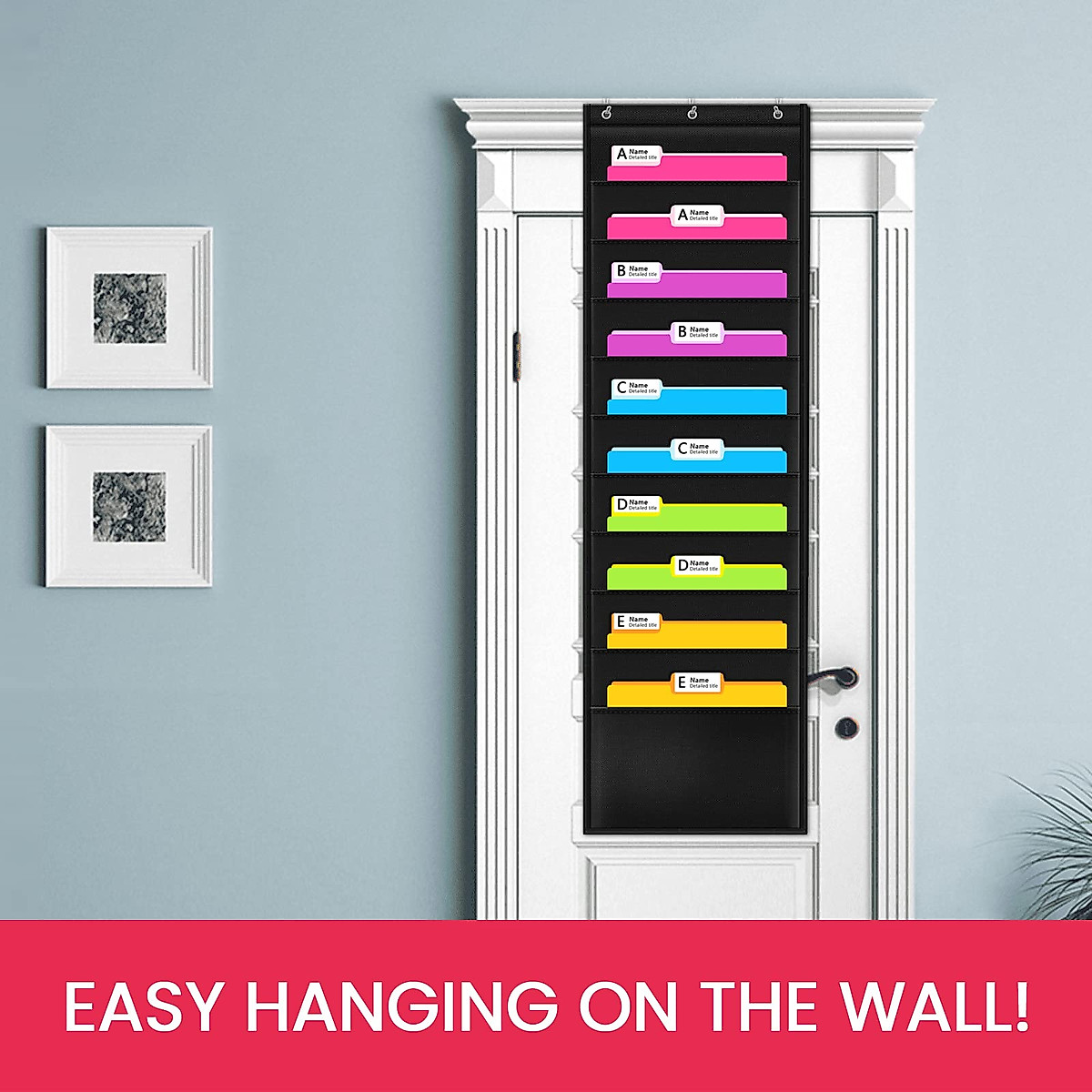 Godery Premium Hanging File Folder Organizer, 10 Pockets, & 3 Hangers Cascading Wall Organizer，Perfect for Home Organization, School Pocket Chart, Office Bill Filing. Wall or Over Door Mount