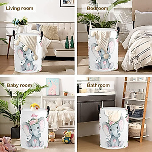 zaaprintblanket Customized Laundry Basket Name Organizer Bin Laundry Hamper with Handle Clothes Hamper for Nursery Clothes Toys Decor(Pink Florals Baby Elephant)