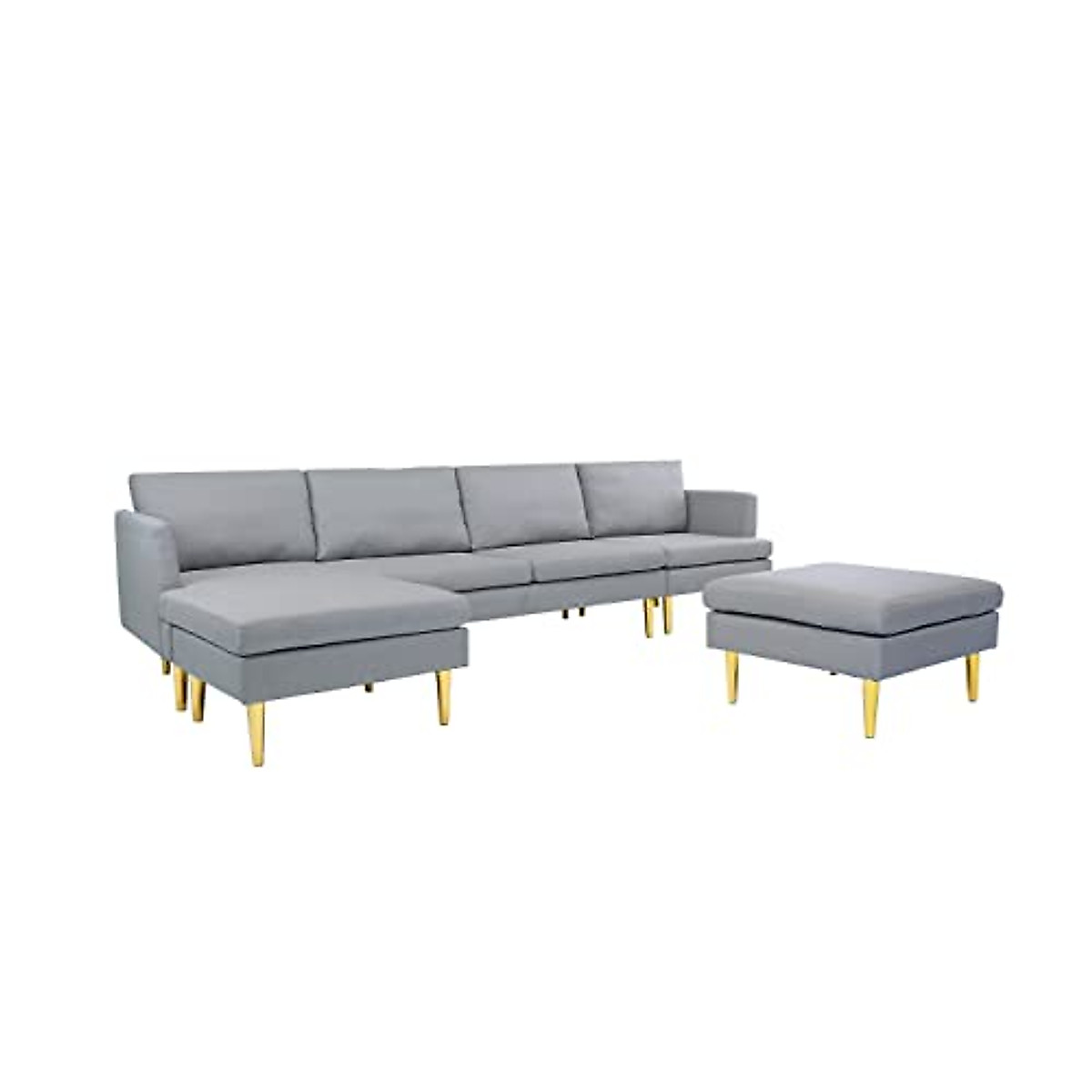 KoiHome Convertible Sectional Handrail, 6-Seater Sleeper Sofa Couch with Metal Gold Conical Legs, Modern Home Furniture for Living, Bedroom,Office,Waiting Room, Polyester, Light Grey