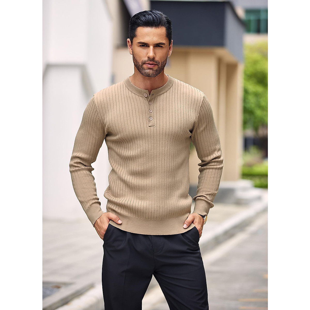 COOFANDY Men's Long Sleeve Knit Henley Shirts Casual Henley T-Shirts Lightweight Ribbed Sweater Khaki