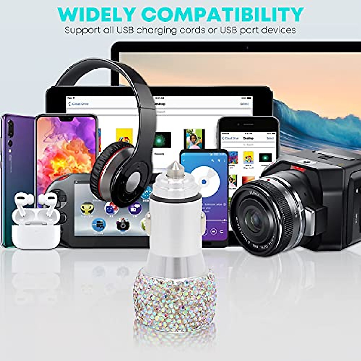 Bling Dual USB Car Charger Quick Charge 3.0 Crystal Fast Charging Cigarette Adapter Women Cute Car Accessories for iPhone Samsung Galaxy S10/S9/S8/S7/S7 Edge/S6/Edge+ Nexus 6P/5X,LG,Nexus(Multicolor)