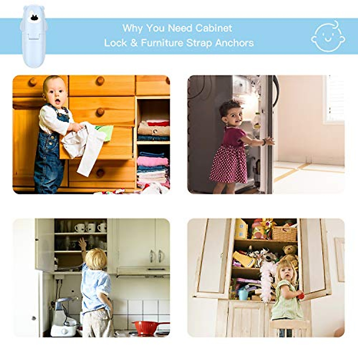 Safety Cabinet Locks for Babies - [4 Pack] Child Proofing Drawers Locks for Kitchen Bathroom Storage Doors,Cupboard, Oven, Refrigerator (Blue)