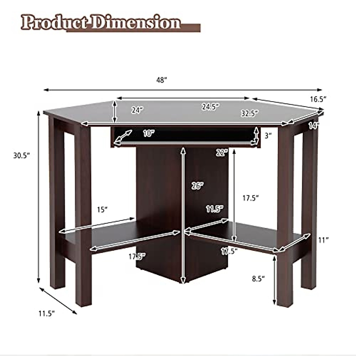 Tangkula Corner Desk with Keyboard Tray, Triangle Corner Computer Desk for Small Space, Bedroom Corner Makeup Vanity Desk with Storage Shelves, Space Saving Corner Writing Desk