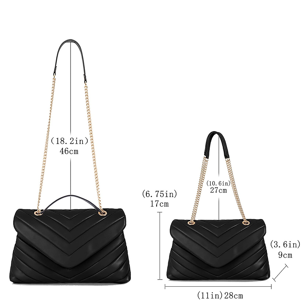 Quilted Crossbody Bag for Women, Soft Vegan Leather Chevron Purses, Trendy Shoulder Handbags with Gold Chain Strap (Black)