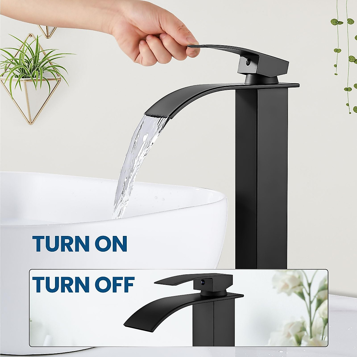 Airuida Vessel Sink Faucet, Matte Black Waterfall Spout Bathroom Faucet, Tall Single Handle One Hole Bowl Mixer Tap, Waterfall Spout Lavatory Vanity with Pop Up Drain