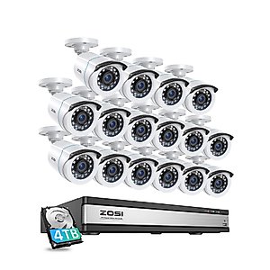 ZOSI H.265+ 16CH Security Camera System with AI Human Vehicle Detection, 16CH DVR with 4TB HDD for 7/24 record, 16 x 1080p CCTV Camera Outdoor Indoor with 80ft Night Vision°Wide Angle, 90°Wide Angle