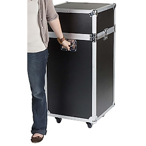 Displays2go Tower Showcase with LED Lighting, Aluminum, Tempered Glass, 5 Shelves – Black Finish (2TCASEBLKS)