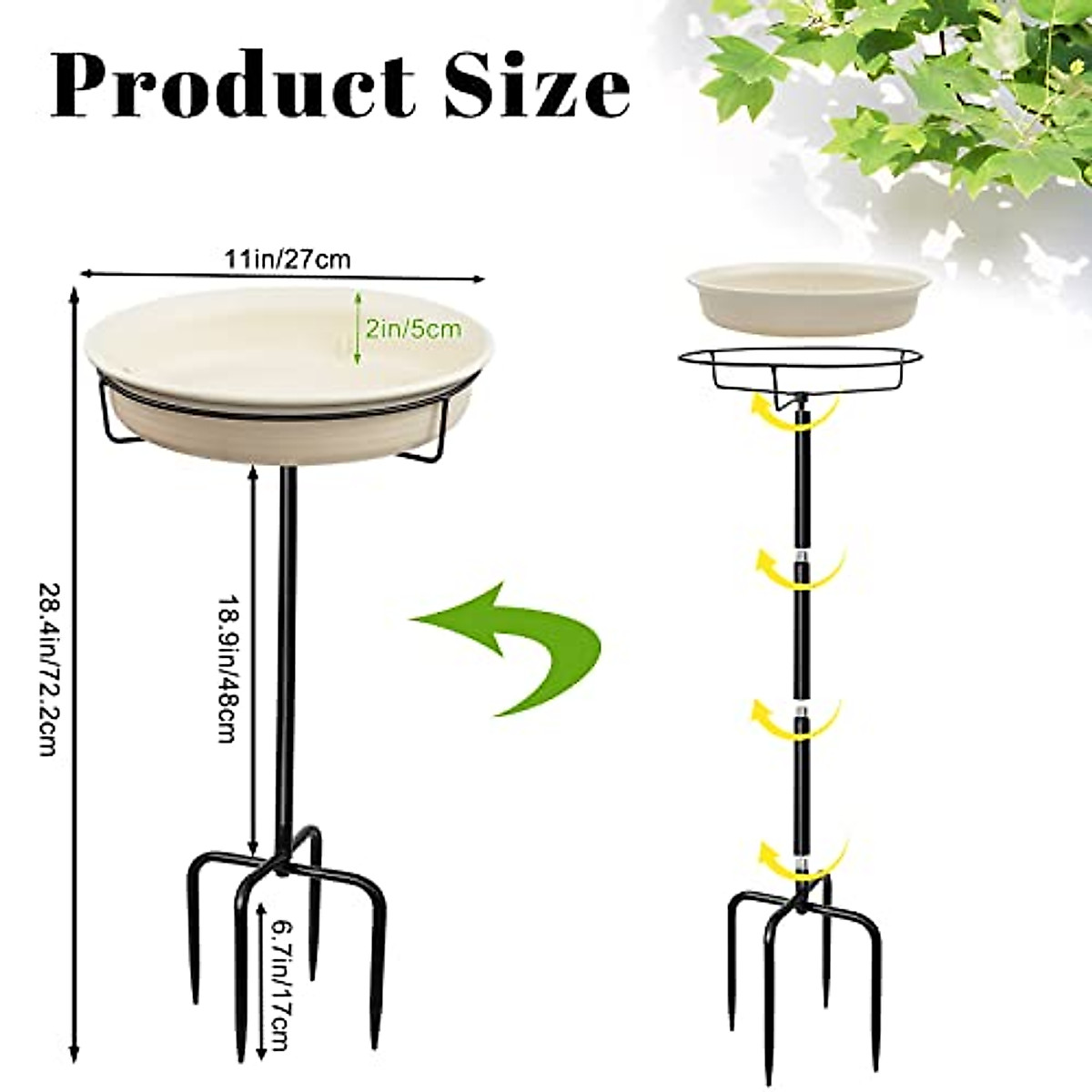 28In Freestanding Birdbaths Bowl Outdoor, Free Standing Garden Bird Bath Bird Feeder Bowl with Metal Stake, Detachable Decoration Spa Birdfeeder for Garden Patio Yard Lawn, 4 Spiky Feet (White)