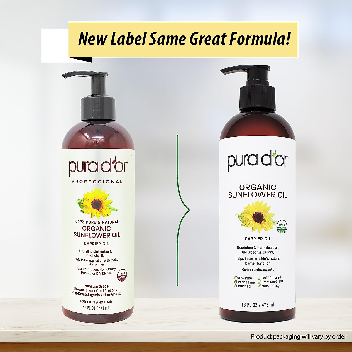 PURA D'OR 16 Oz ORGANIC Sunflower Seed Oil - 100% Pure & Natural USDA Certified Cold Pressed Carrier Oil For DIY Beauty - Unscented, Hexane Free Liquid Moisturizer - Face Skin & Hair - Men & Women