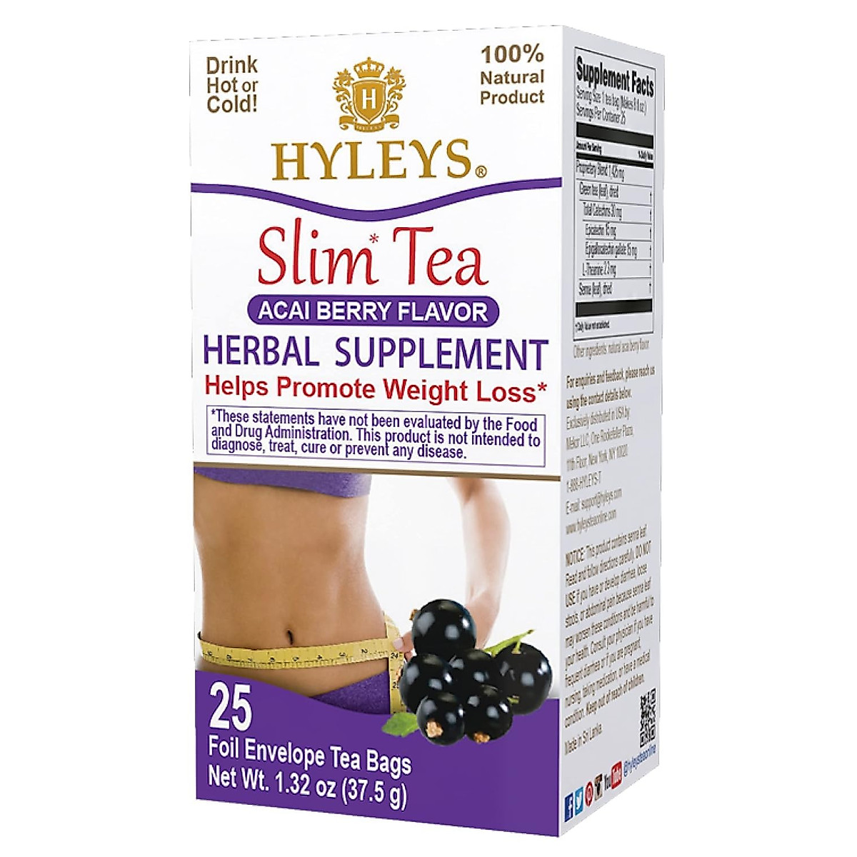 Hyleys Slim Tea Acai Berry Flavor - Weight Loss Herbal Supplement Cleanse and Detox - 25 Tea Bags (1 Pack)
