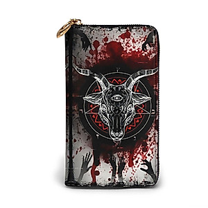 YANGDADA Pentagram With Demon Baphomet Satanic Goat Head Cowhide Leather Clutch Print Long Wallet For Women Purse Ladies Organizer Zip Around Cards Phone Holder