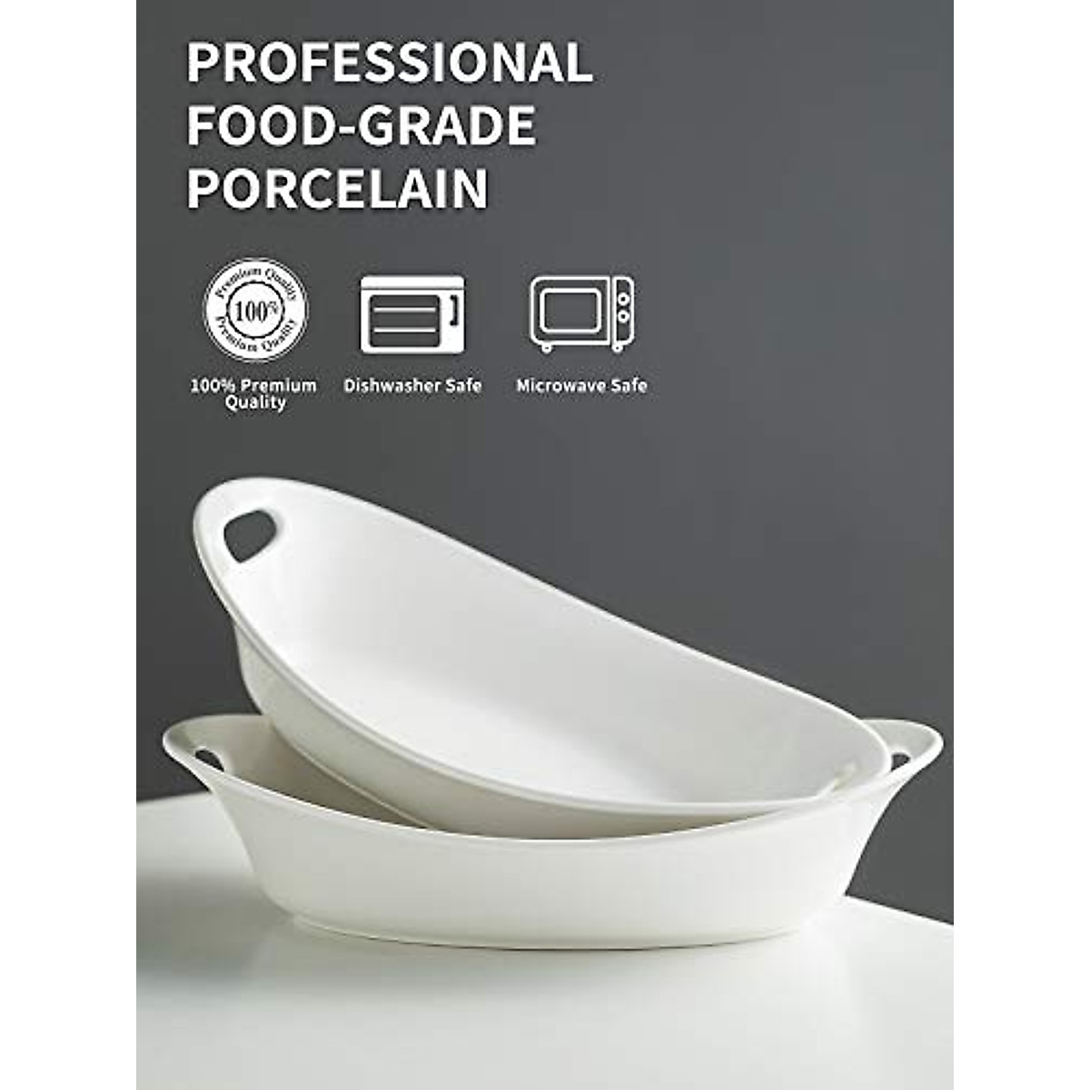 YHOSSEUN Large Serving Bowl with Handles Set Oval Serving Platter 1.5 Quarts Set of 2 White