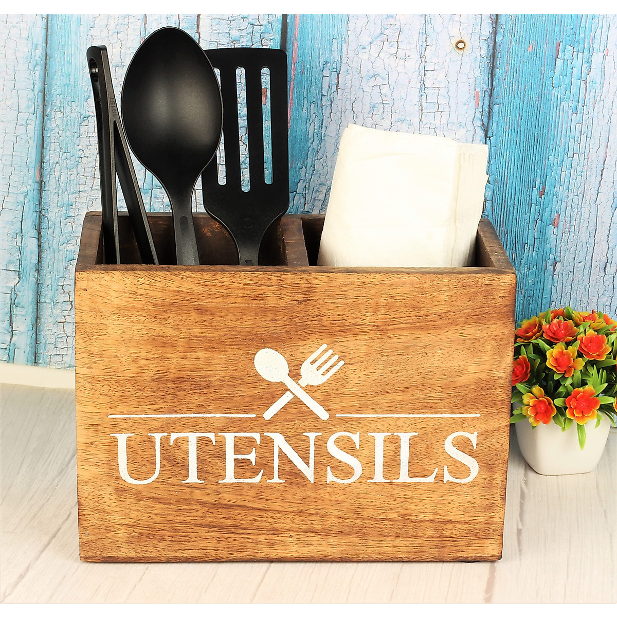 ARTISENIA Wooden Kitchen Utensil Holder With 2 Compartments Wood Utensil Organizer for Cutlery, Napkins, Cups Caddy Organizer | 9.5 X 5 X 7 Inch