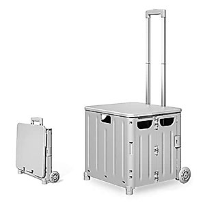 Portable Shopping Trolley, Folding Handle Trolley Carts, Folding Utility Cart Collapsible On Wheels Foldable Rolling Pull Cart with Telescopic Handle Storage Crate Used As A Seat (Color : Grijs
