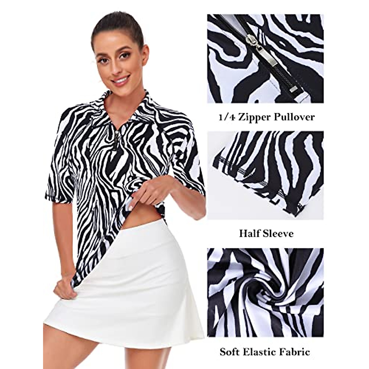 Misyula Athletic Tops for Women,Short Sleeve Quarter Zip Golf Shirts UV Protection Dry Fit Workout Top Relaxed Fit Tennis Training Jogging Performance Active Wear Outfits Zebra L