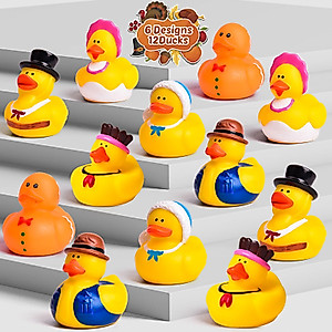 FUN LITTLE TOYS 12 PCS Thanksgiving Rubber Ducks in Bulk for Kids, Assorted Turkey & Pilgrim Toy Duckies for Bath Toys, Party Favors, Themed Bathtub Toys