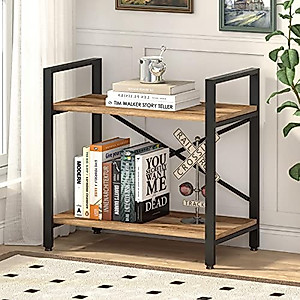 BON AUGURE Small Bookshelf for Small Space, Industrial 2 Tier Wood Metal Bookcase, Rustic Short Book Shelf for Living Room, Bedroom and Office (Vintage Oak)