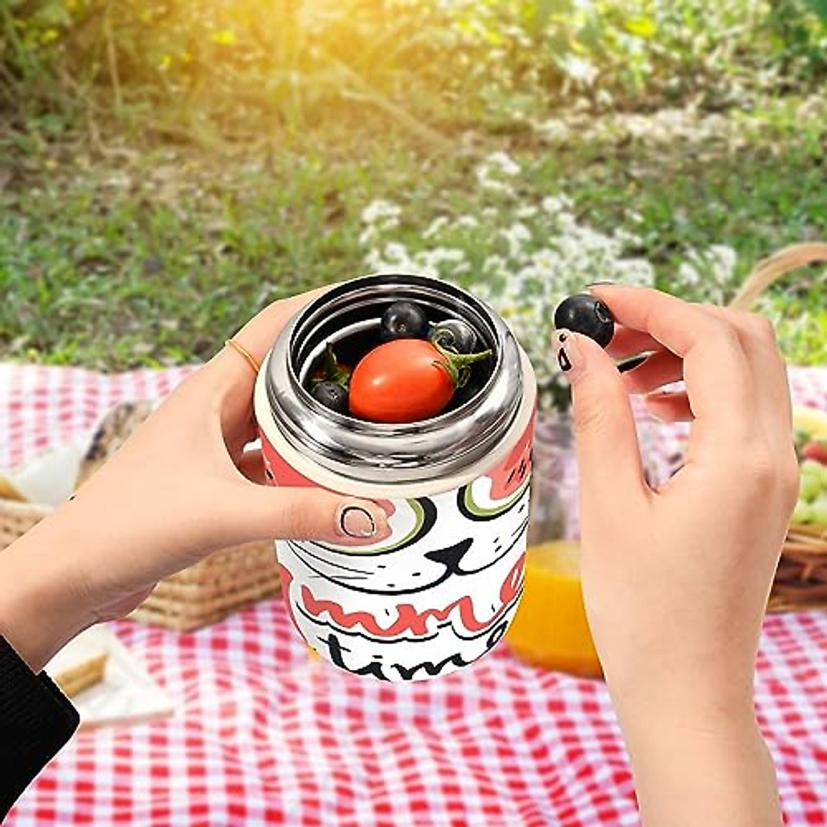 CUPADA Cat Watermelon Food Jar, Funny Summer Time Insulated Hot Food Jars Vacuum 17OZ with Folding Spoon for Work Trip Picnic Camping