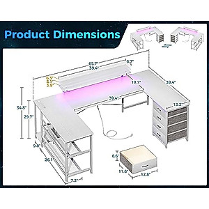 ODK U Shaped Desk with Power Outlets & LED Strip & Monitor Stand, 66" Reversible L Shaped Desk with Drawers and Storage Shelf, Home Office Gaming Desk, Grey Oak