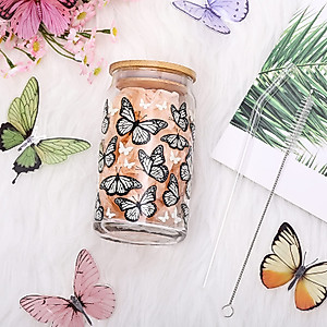 Nefelibata Monarch Butterfly Beer Can Glass Color Changing Iced Coffee Glass 16 OZ Orange Butterflies Art Glass Mug Present with Lid Drinking Straw Spring Summer Memorial Gifts for Mom Aunt Friend